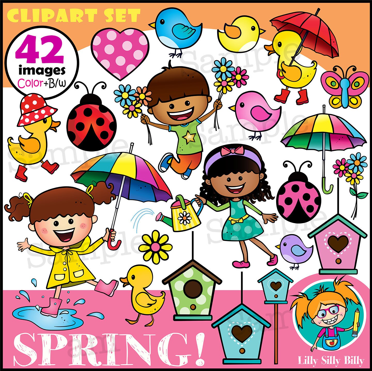 SPRING 1 & 2. Clipart Bundle. BLACK and WHITE and Color. - Etsy