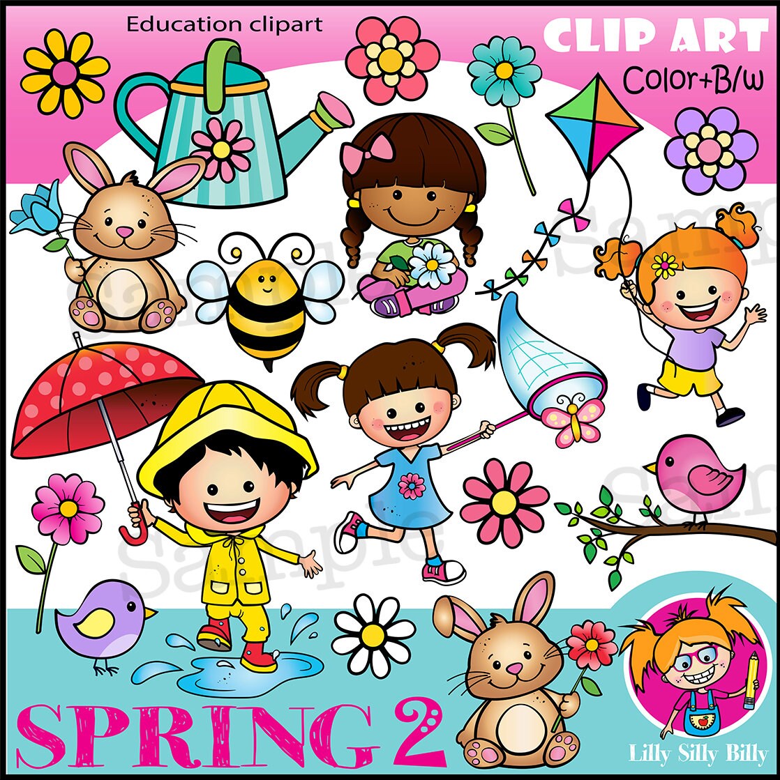 SPRING 1, 2, 3 & 4. Clipart Bundle. BLACK and WHITE and Color ...