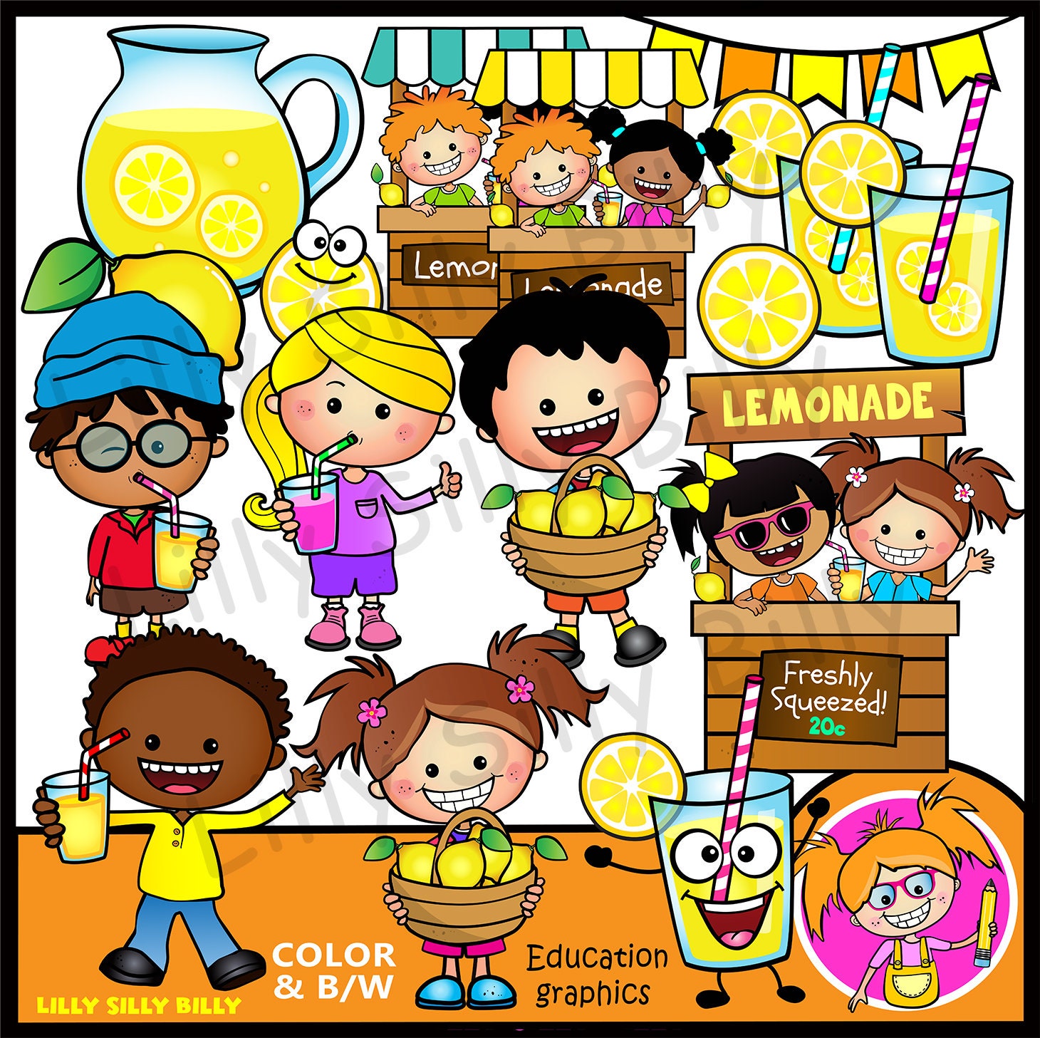 Lemonade Stand BLACK and WHITE/ and Full Color Clipart. | Etsy