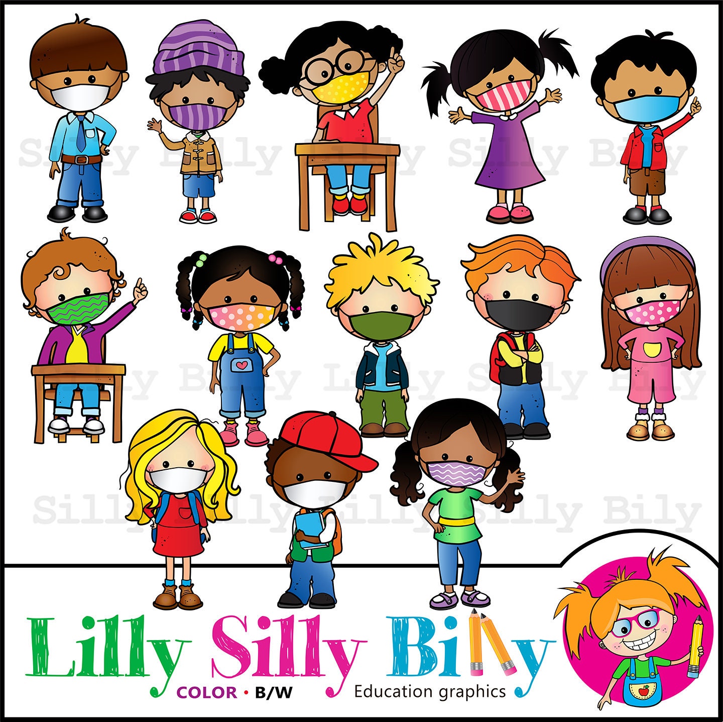 Happy BIG Kids, wearing masks, Clipart. BLACK and WHITE and color ...