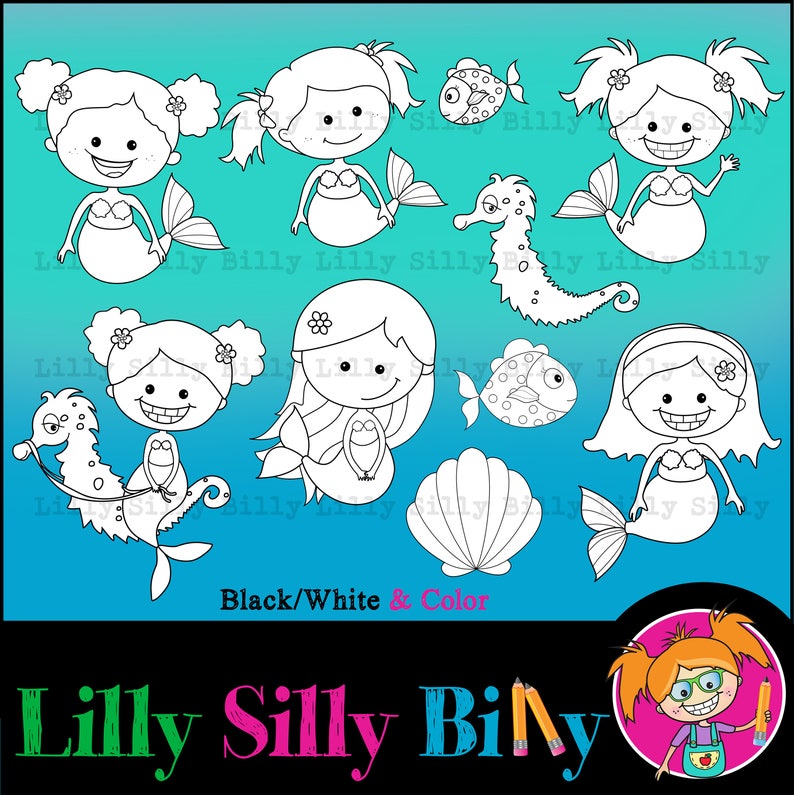 Mermaids clipart Color and Black and White commercial use | Etsy
