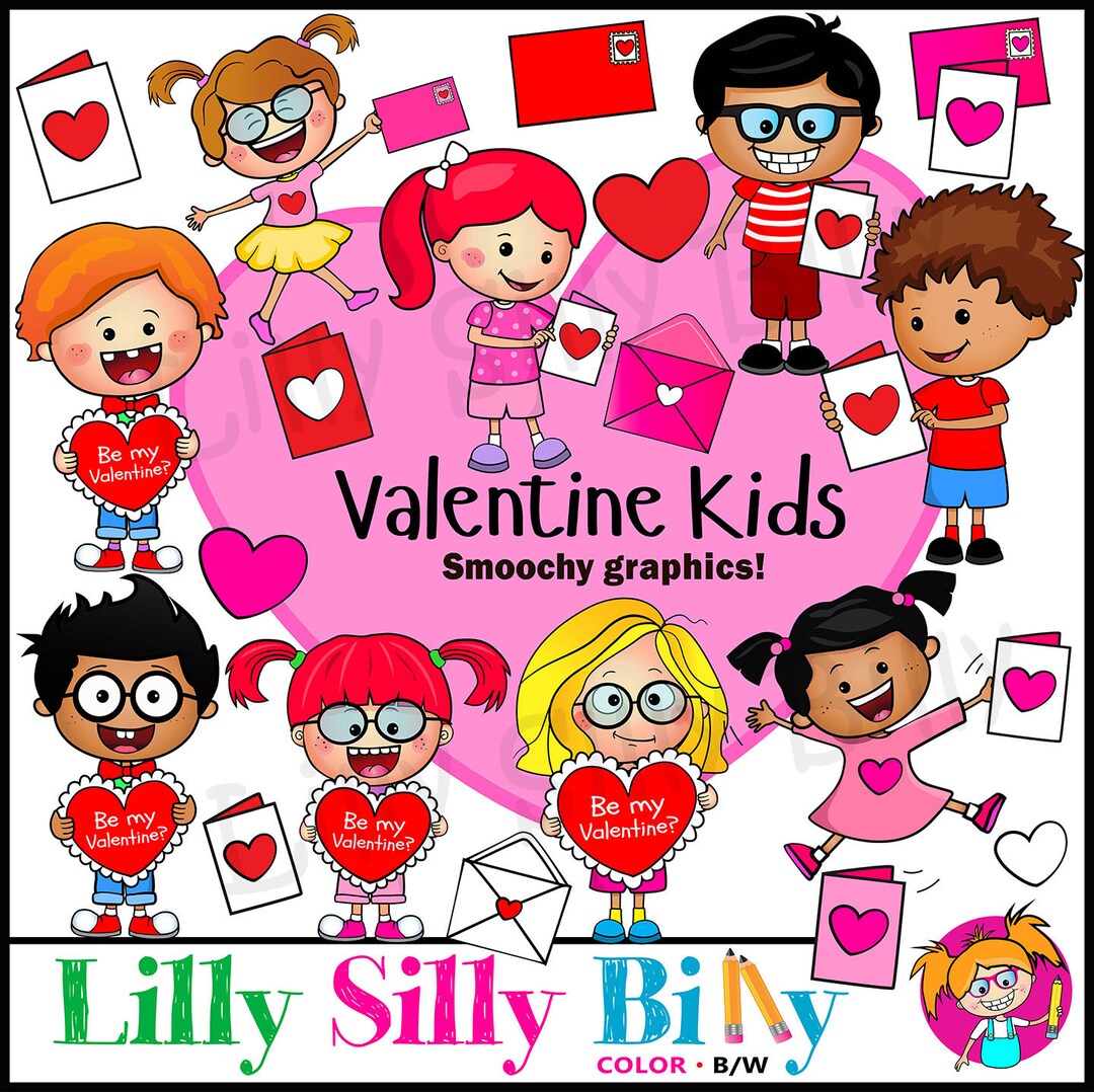 Valentine Kids. Clipart. BLACK and WHITE and Color. Education Graphics ...