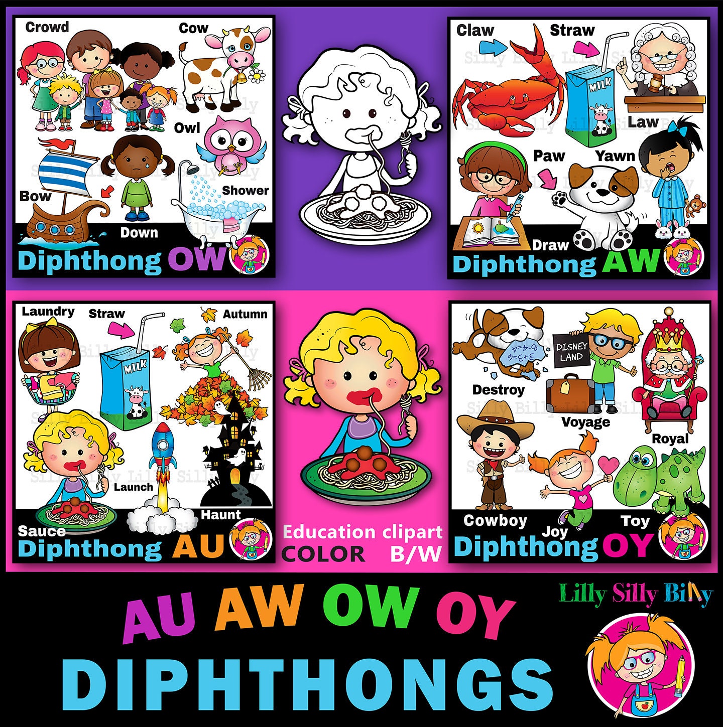 Diphthong BUNDLE. Phonics 192 Clipart Images in Black and | Etsy