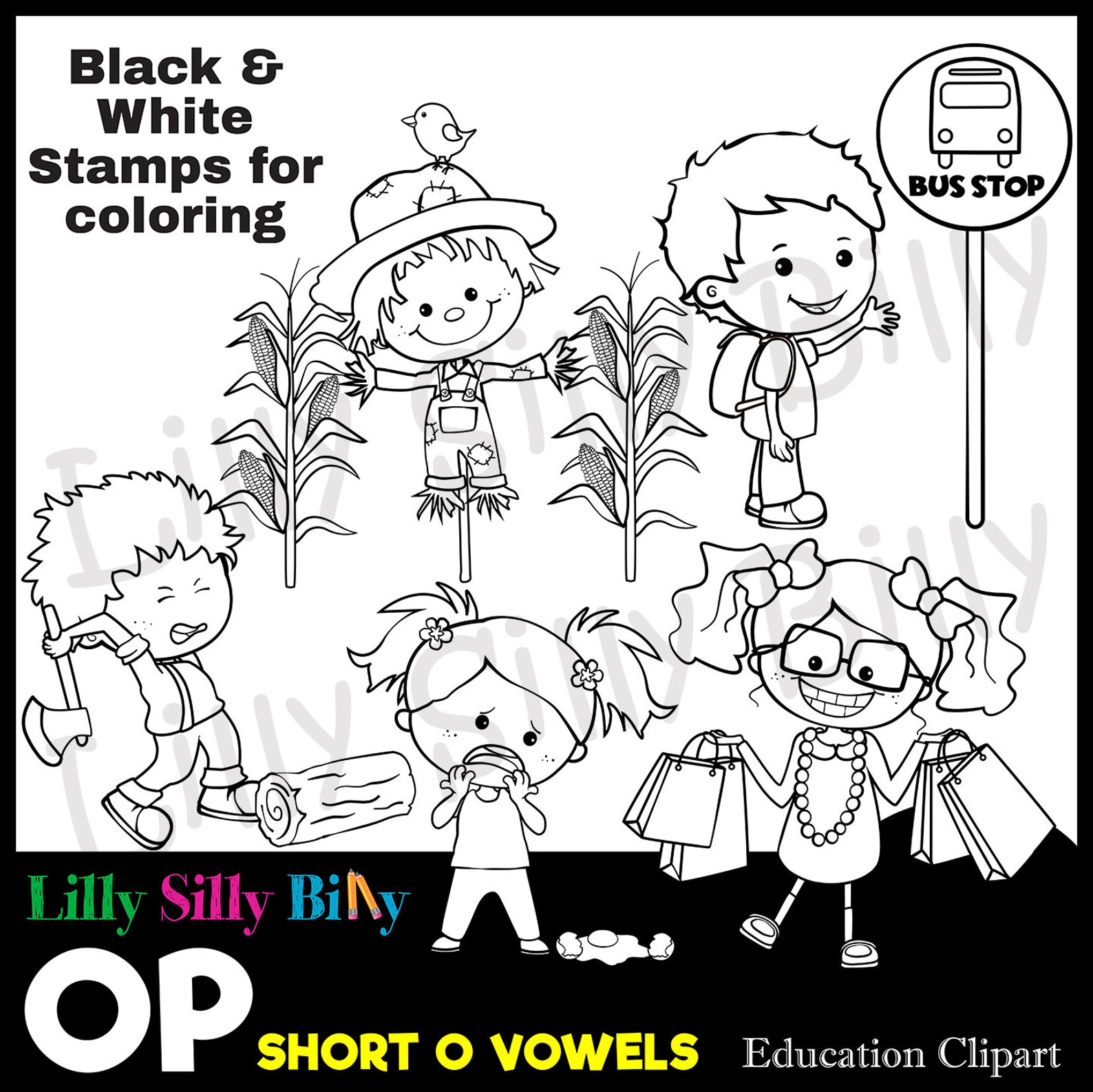 Phonics SHORT 0 Word Family op Words B/W & Color Clipart. - Etsy