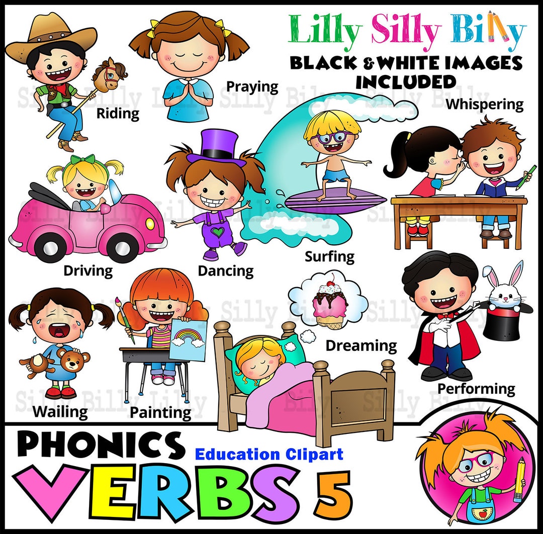 Phonics VERBS 5 - B/W & Color Clipart {lilly Silly Billy} - Etsy