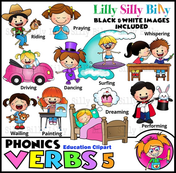Phonics VERBS 5 B/W & Color Clipart lilly Silly Billy | Etsy