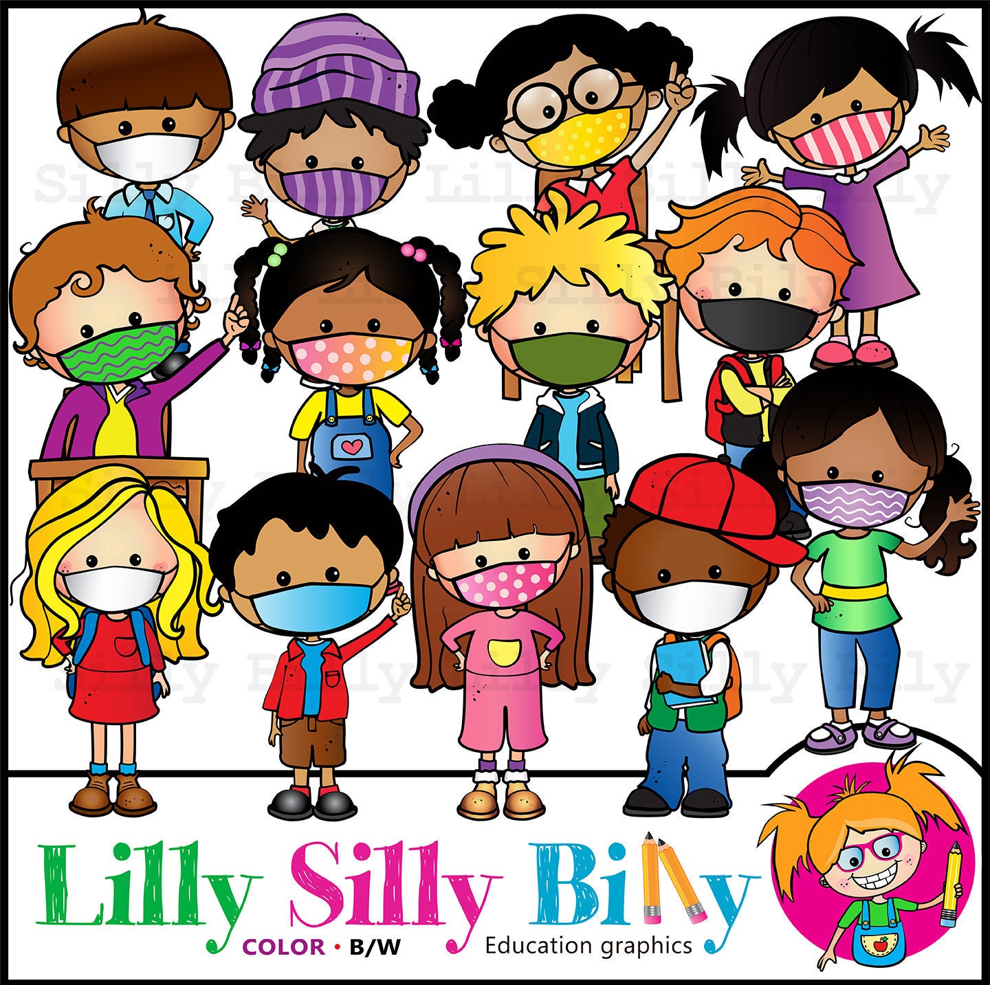 Happy BIG Kids Wearing Masks Clipart. BLACK and WHITE and - Etsy