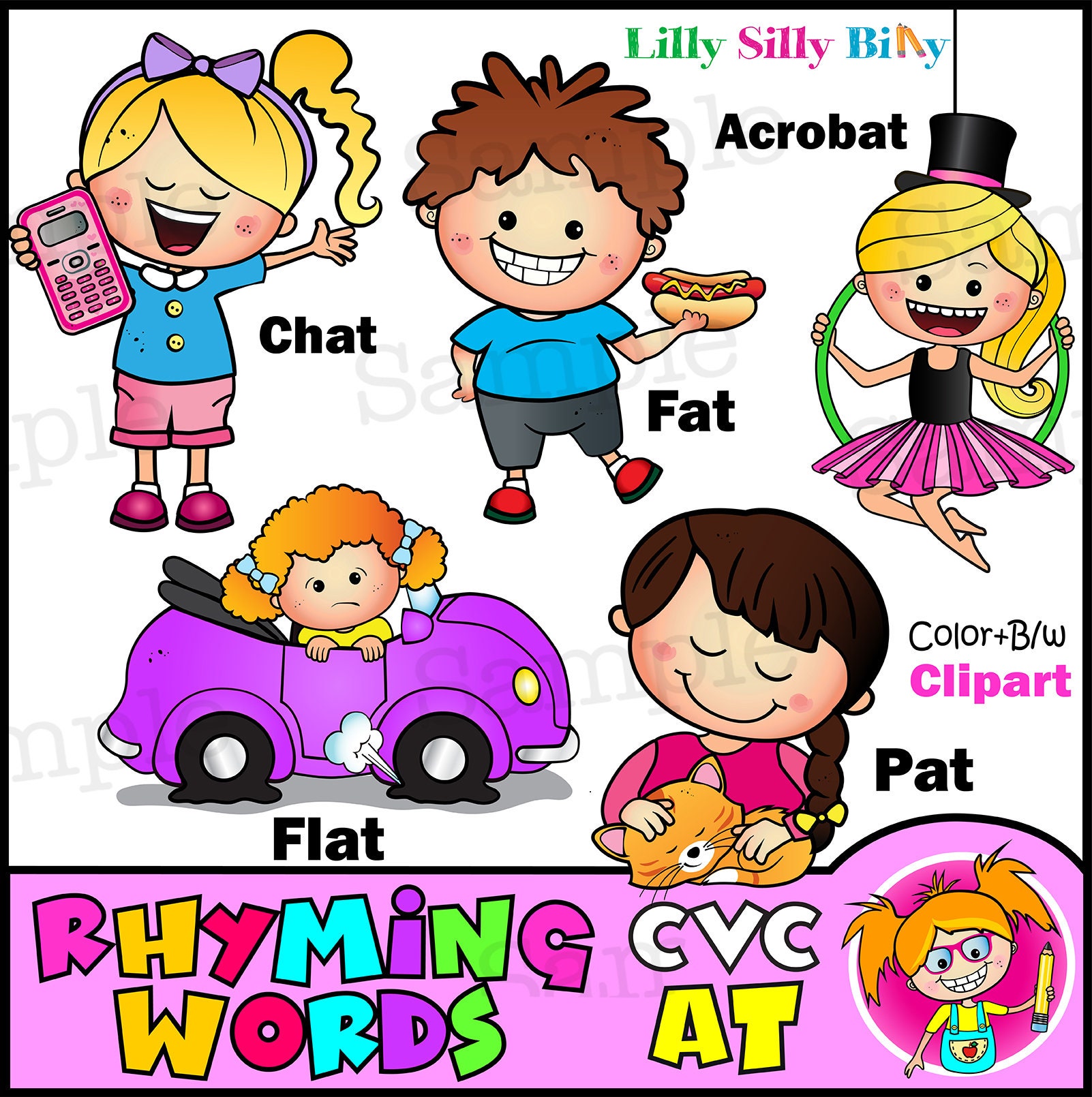 CVC Rhyming Word 60 Images Clipart BUNDLE B/W & Color | Etsy