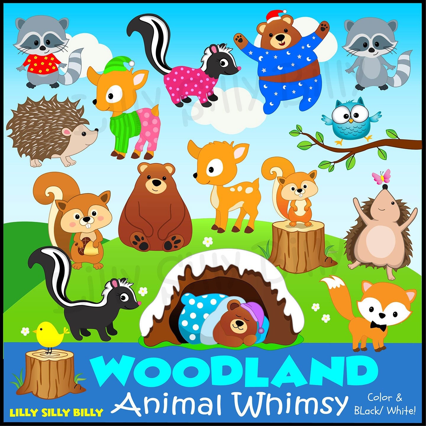 Woodland Animal Whimsy Clipart. Black & White and Full Color - Etsy