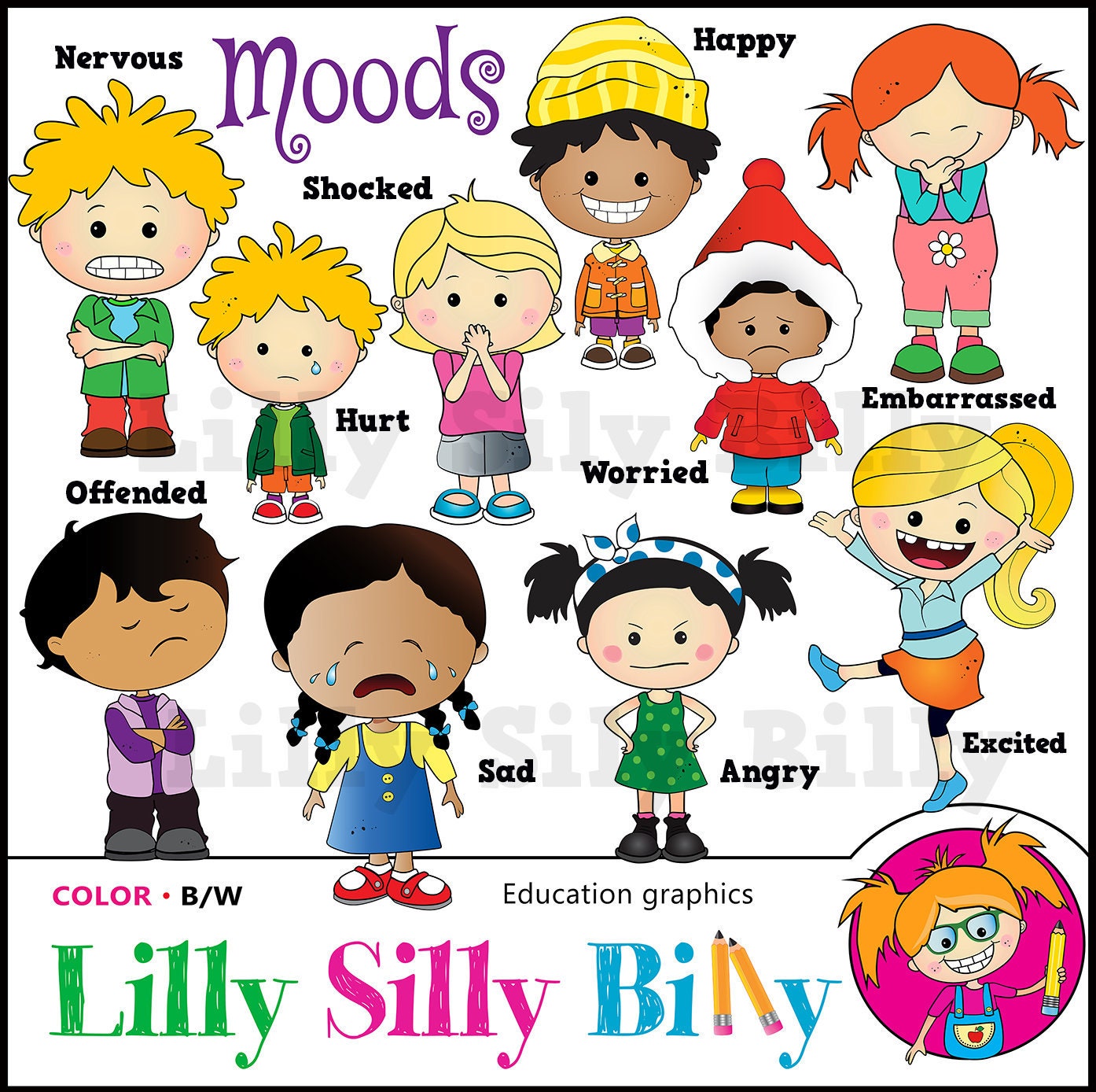 Education Clipart Moods and Emotions Lilly Silly Billy - Etsy