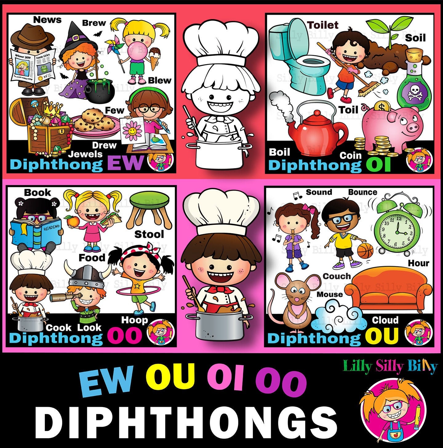 Diphthong BUNDLE. Phonics Illustrated Words Clipart in | Etsy