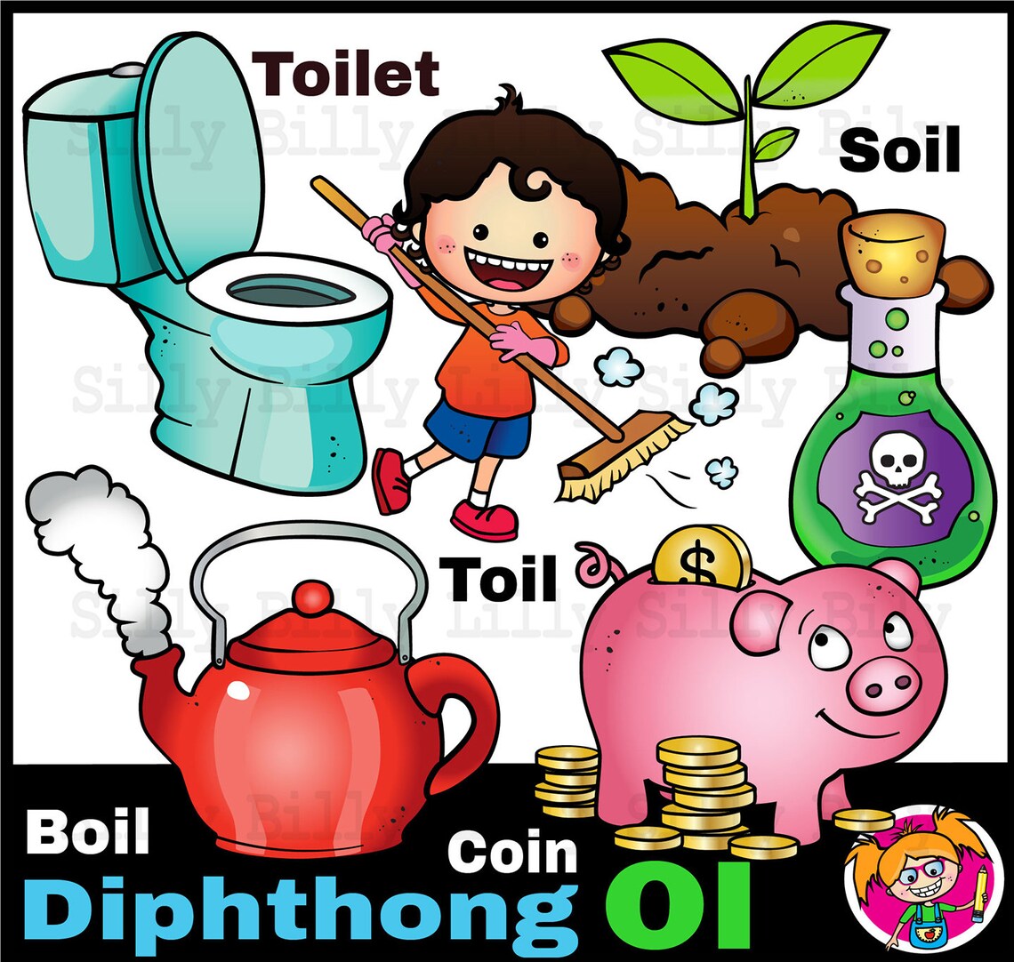 Diphthong BUNDLE. Phonics, illustrierte Wörter - Clipart in Farbe und ...