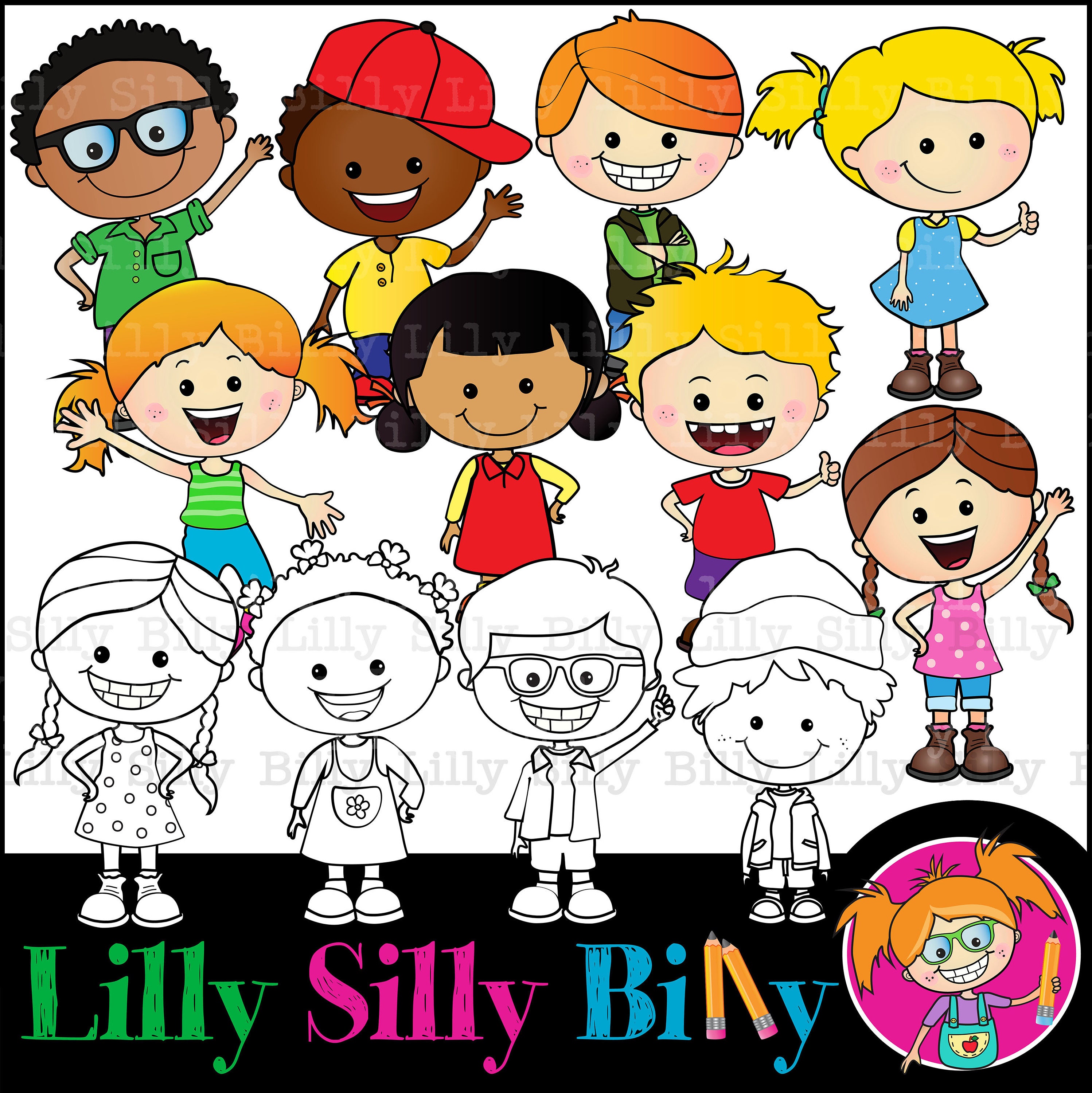 Happy Kids Clipart. BLACK and WHITE and COLOR. Education Graphics of ...