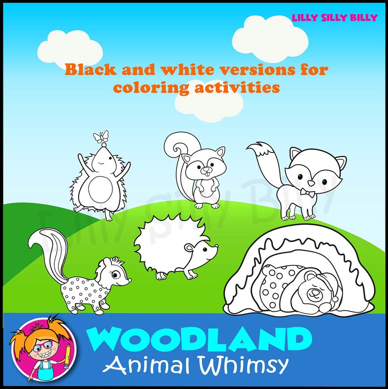Woodland Animal Whimsy, Clipart. Black & White and Full Color Graphics ...