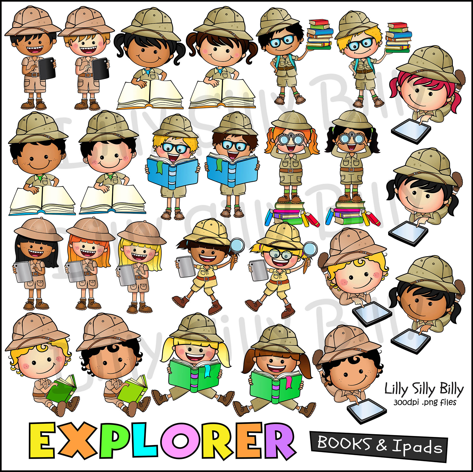 Explorers - Books and Ipads. Black and White & COLOR, Clipart. Small ...