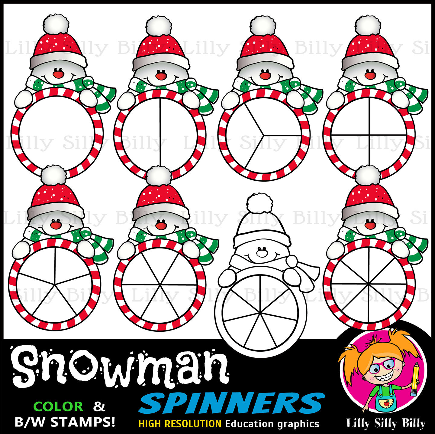 Snowman Spinners BLACK and WHITE/ and Full Color Images. Festive ...