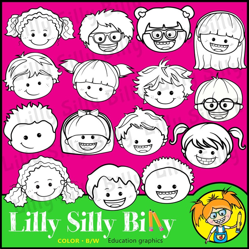 Funky Faces 2 . BLACK AND WHITE & Color Clipart. lilly Silly Billy - Etsy