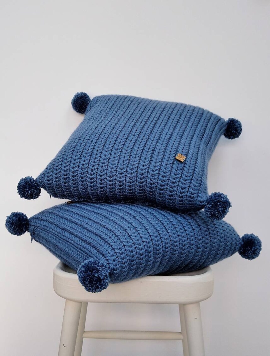 CHEVRON Hand Knitted Soft Chunky Cushion With Pompoms - Etsy