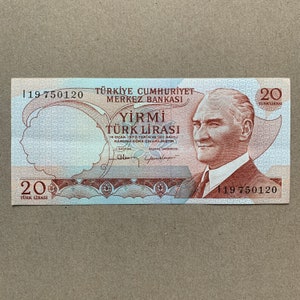 1970's Turkish 20 Lira Banknote. Turkey Currency. Mustafa Kemal Ataturk ...