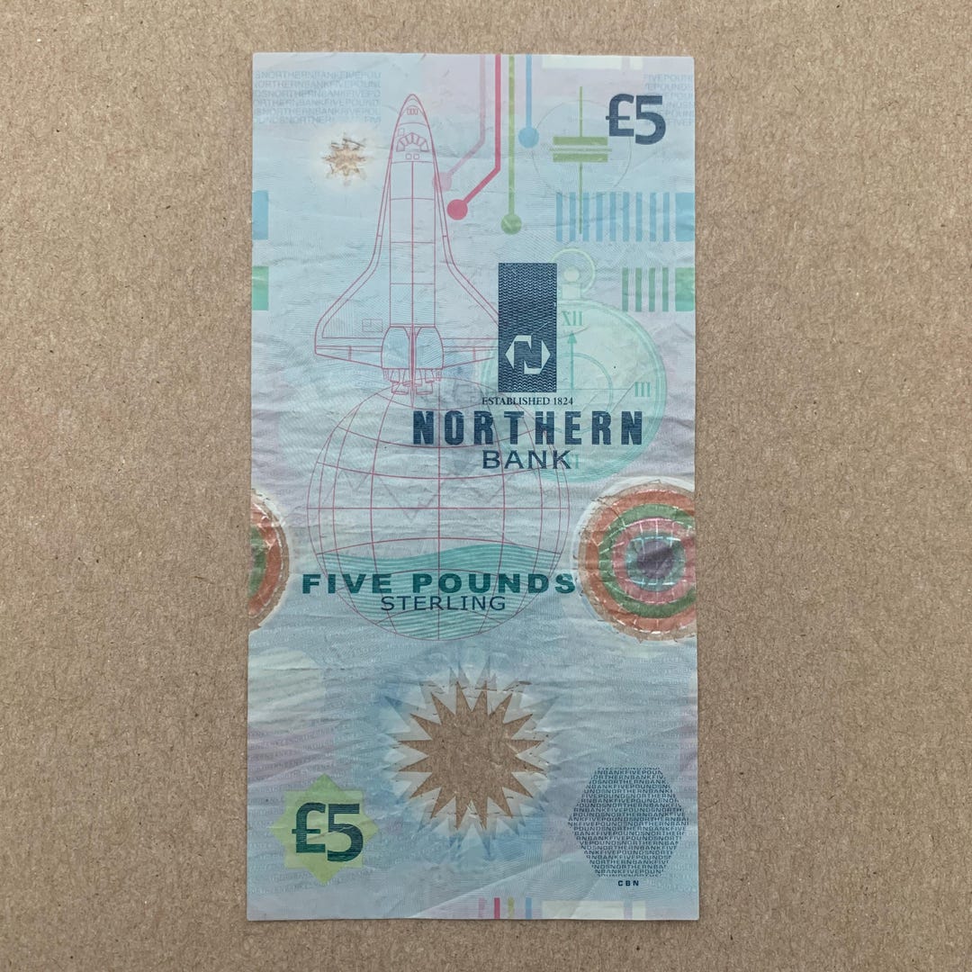 Space Shuttle Banknote. 1999 Northern Ireland 5 Pound Plastic Polymer ...