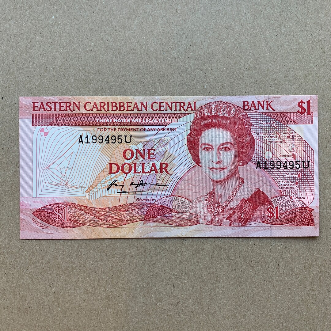 Queen Elizabet II Banknote. Eastern Caribbean 1 Dollar Currency. Red ...