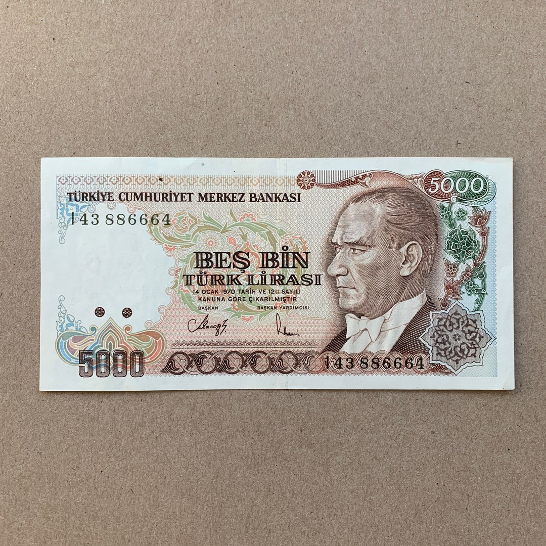 Used 1990's Turkish 5000 Lira Banknote. Turkey Currency. Mustafa Kemal ...