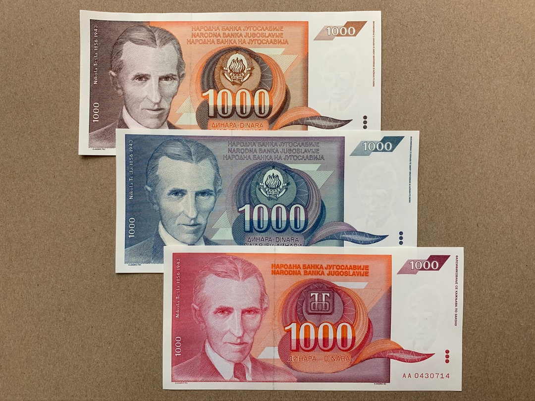 3 Pcs Nikola Tesla elderly Portrait 1000 Dinara 1990, 91, 92 Banknote ...