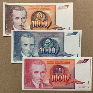 3 Pcs Nikola Tesla elderly Portrait 1000 Dinara 1990, 91, 92 Banknote ...