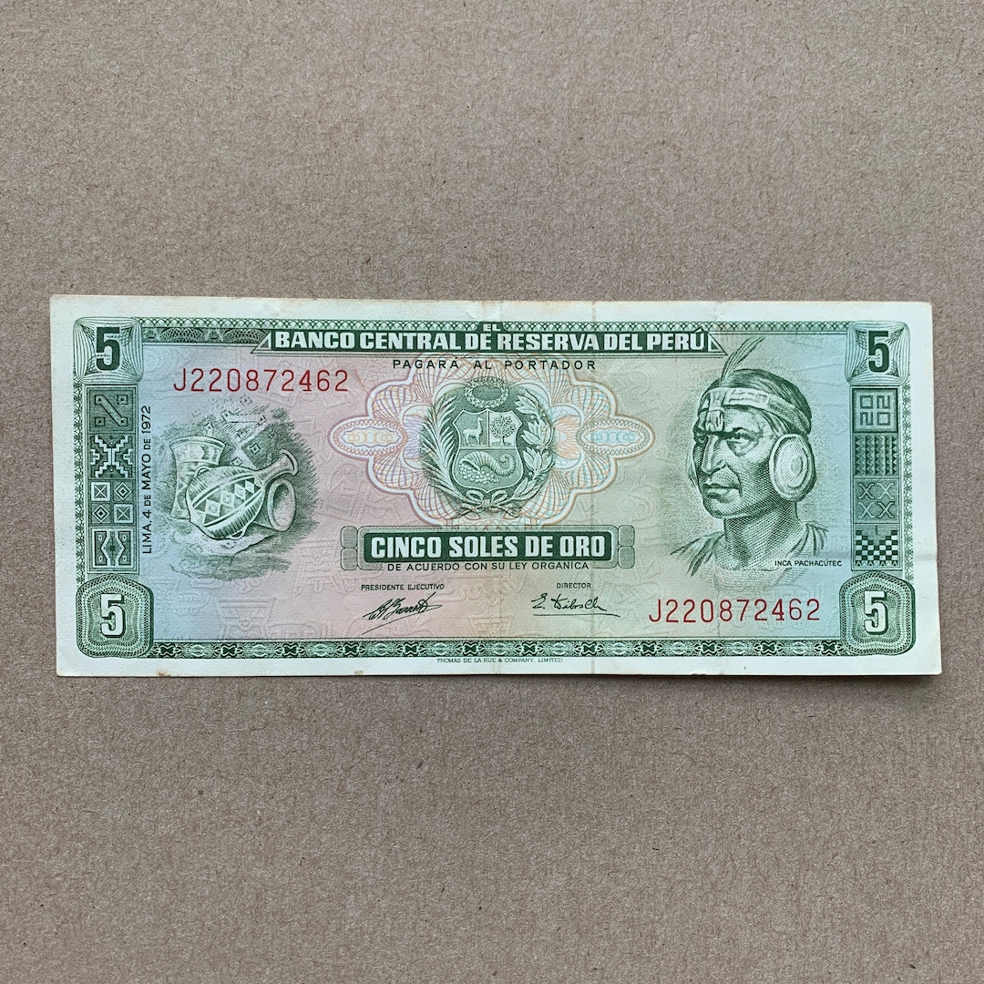 Used Peru 5 Soles De Oro. Peruvian Currency. Inca Art Portrait. Mint ...