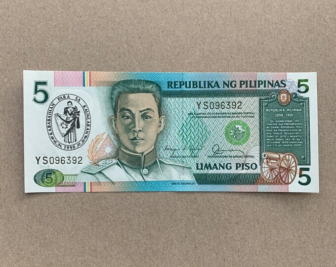 Philippines 5 Pesos Banknote. Filipino Piso Currency. back, Aguinaldo's ...