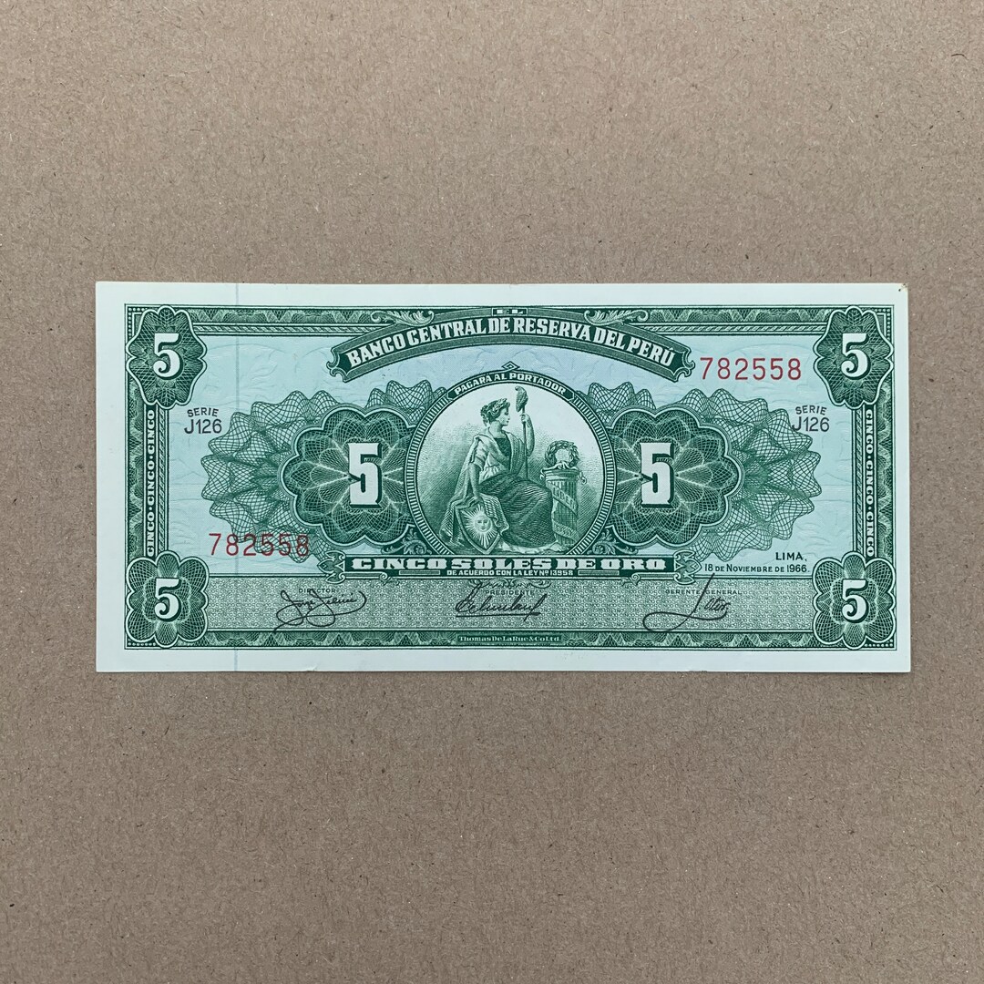1968 Peruvian 5 Soles De Oro Banknote. Peru Currency. Liberty Seated ...