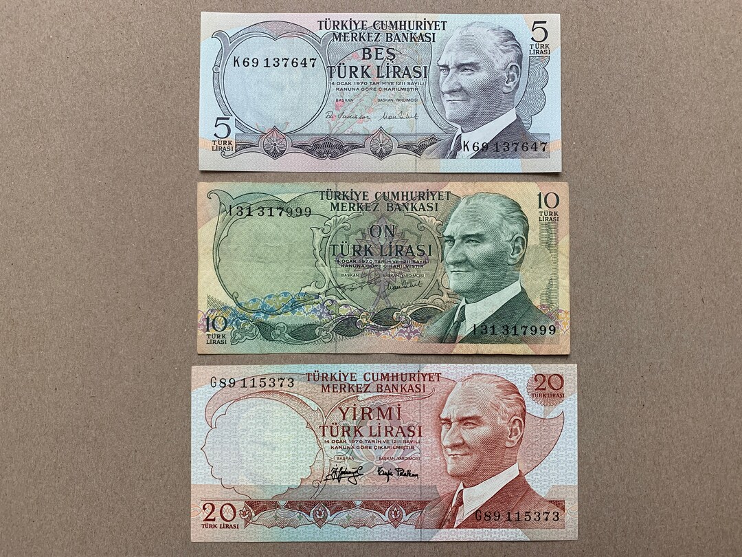 3 Pcs 1970 Turkish Lira Banknote Set. Mustafa Kemal Ataturk Memorabilia ...