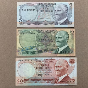3 Pcs 1970 Turkish Lira Banknote Set. Mustafa Kemal Ataturk Memorabilia ...