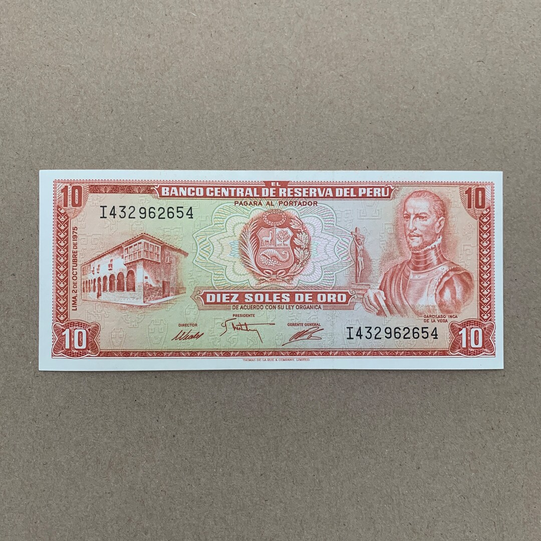 Peru 1970's 10 Soles De Oro Note. Peruvian Currency.garcilaso Inca De ...