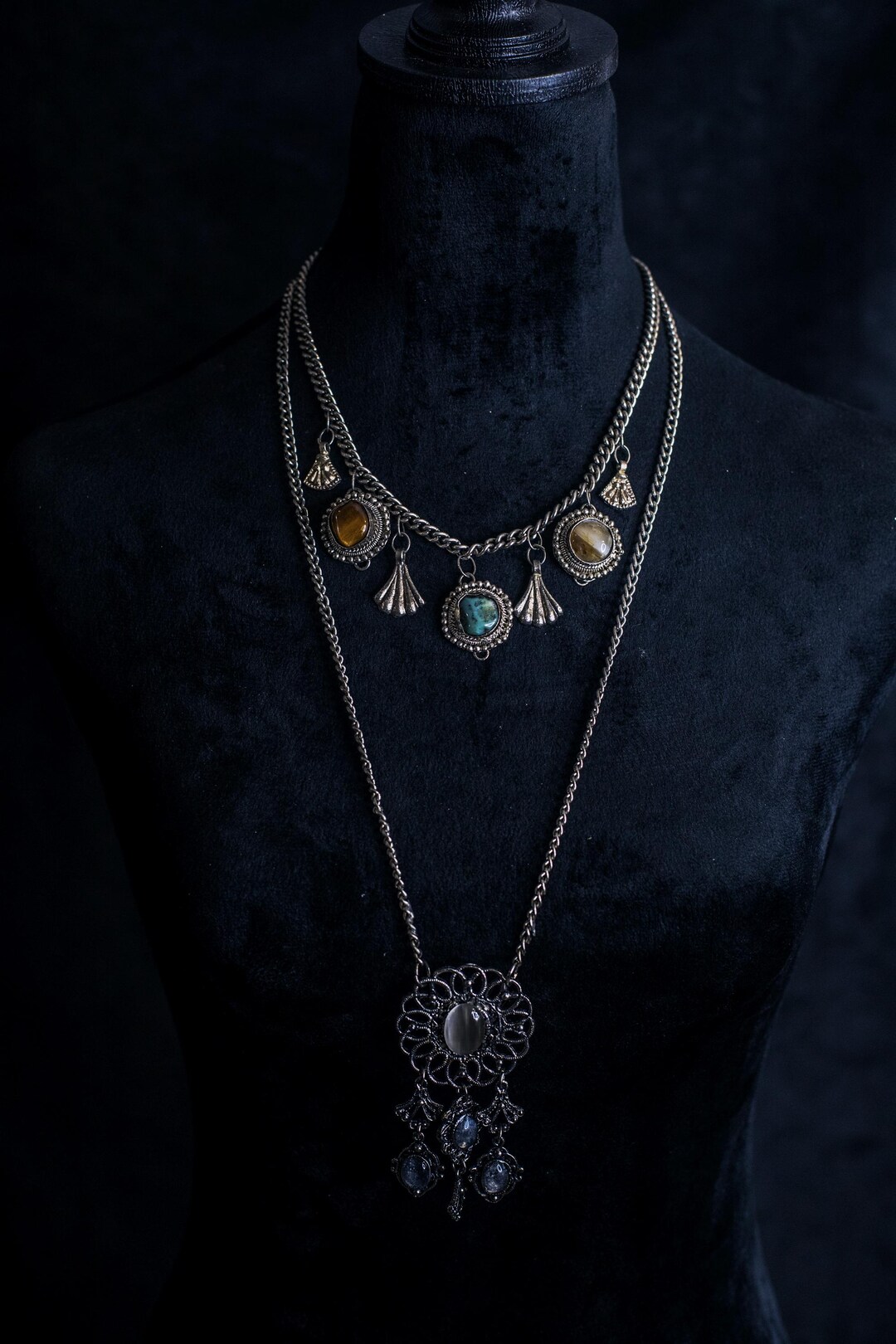 Upcycled Boho Layered Necklace, Natural Stone Statement Jewelry ...