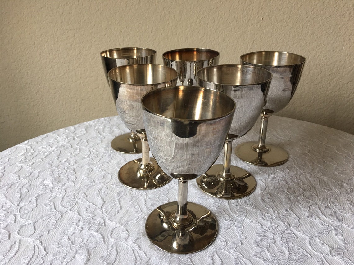 Seis copas de vino chapadas en plata vintage - Etsy España