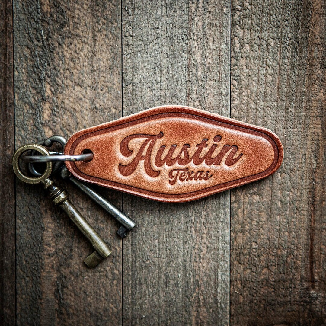 Austin Texas Script Leather Keychain Motel Style - Etsy