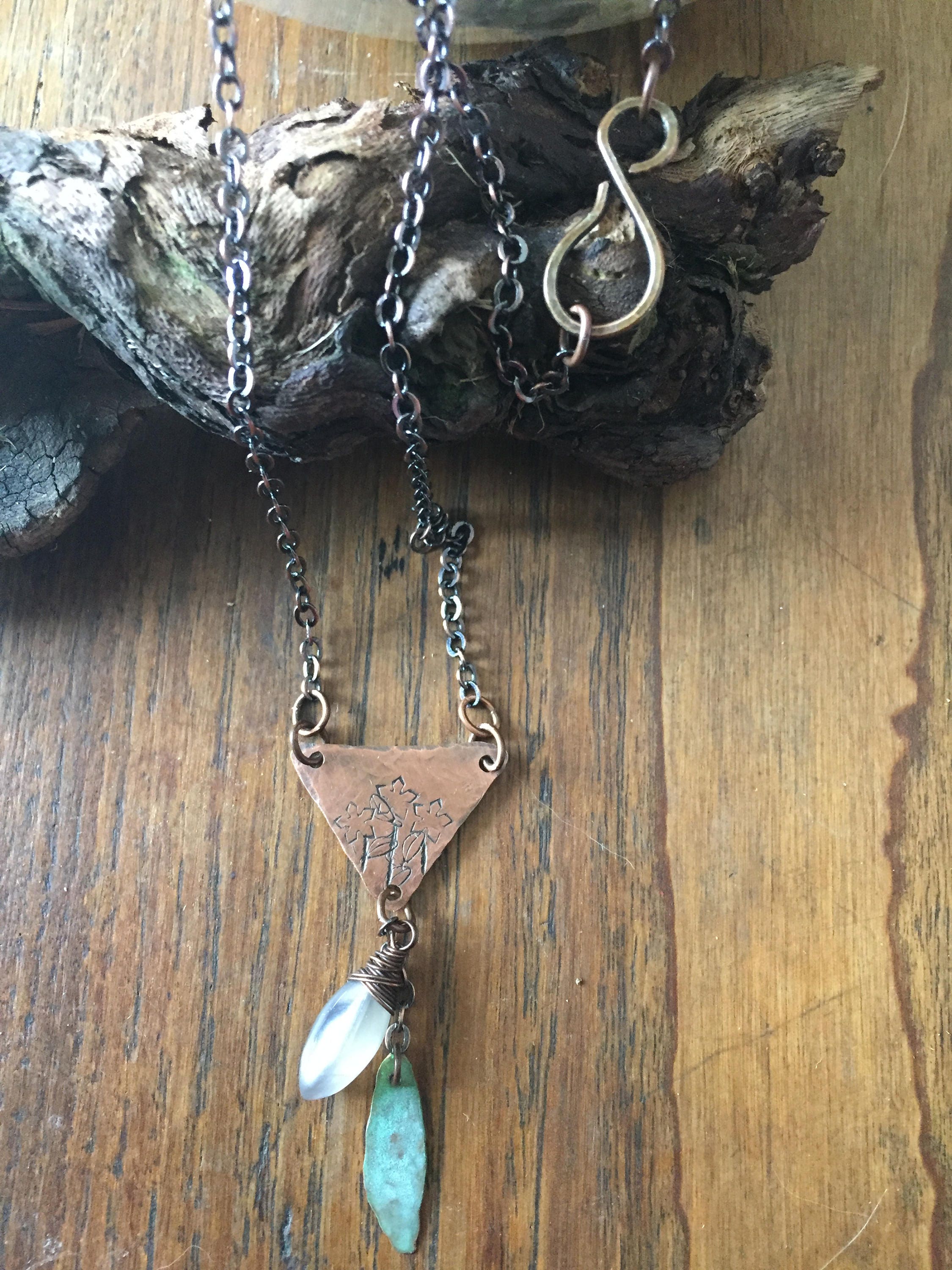 Collar de cobre, joyería boho, piedra lunar, joyería estampada, joyería ...