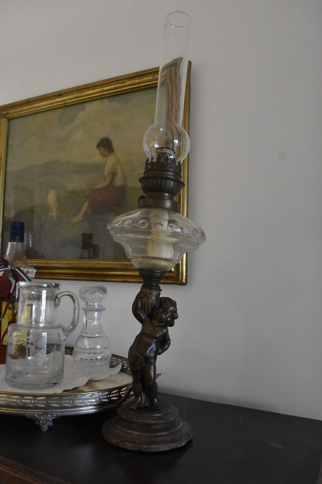 Antique Oil Lamp, Large Size, 64 Cm/25.1",marble, Metal, Glass, Bronze ...