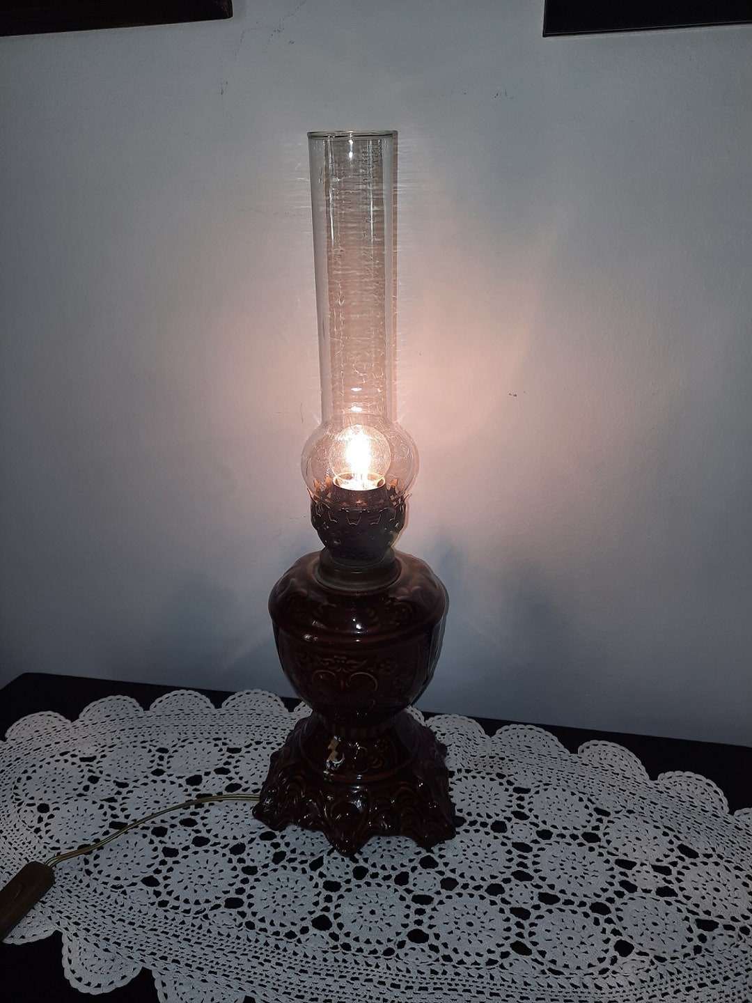 Vintage Table Lamp in Oil Lamp Style, Glazed Ceramic Base and Glass ...