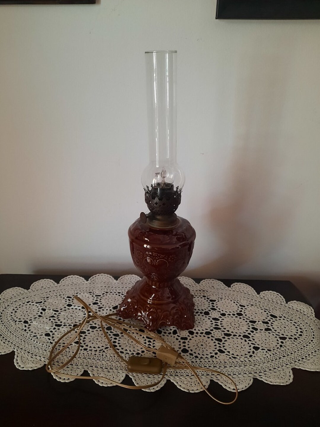 Vintage Table Lamp in Oil Lamp Style, Glazed Ceramic Base and Glass ...