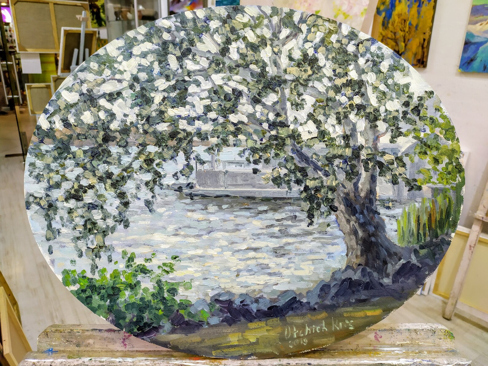 River Landscape Oval Hand Painted Stretched Canvas on Cardboard ...