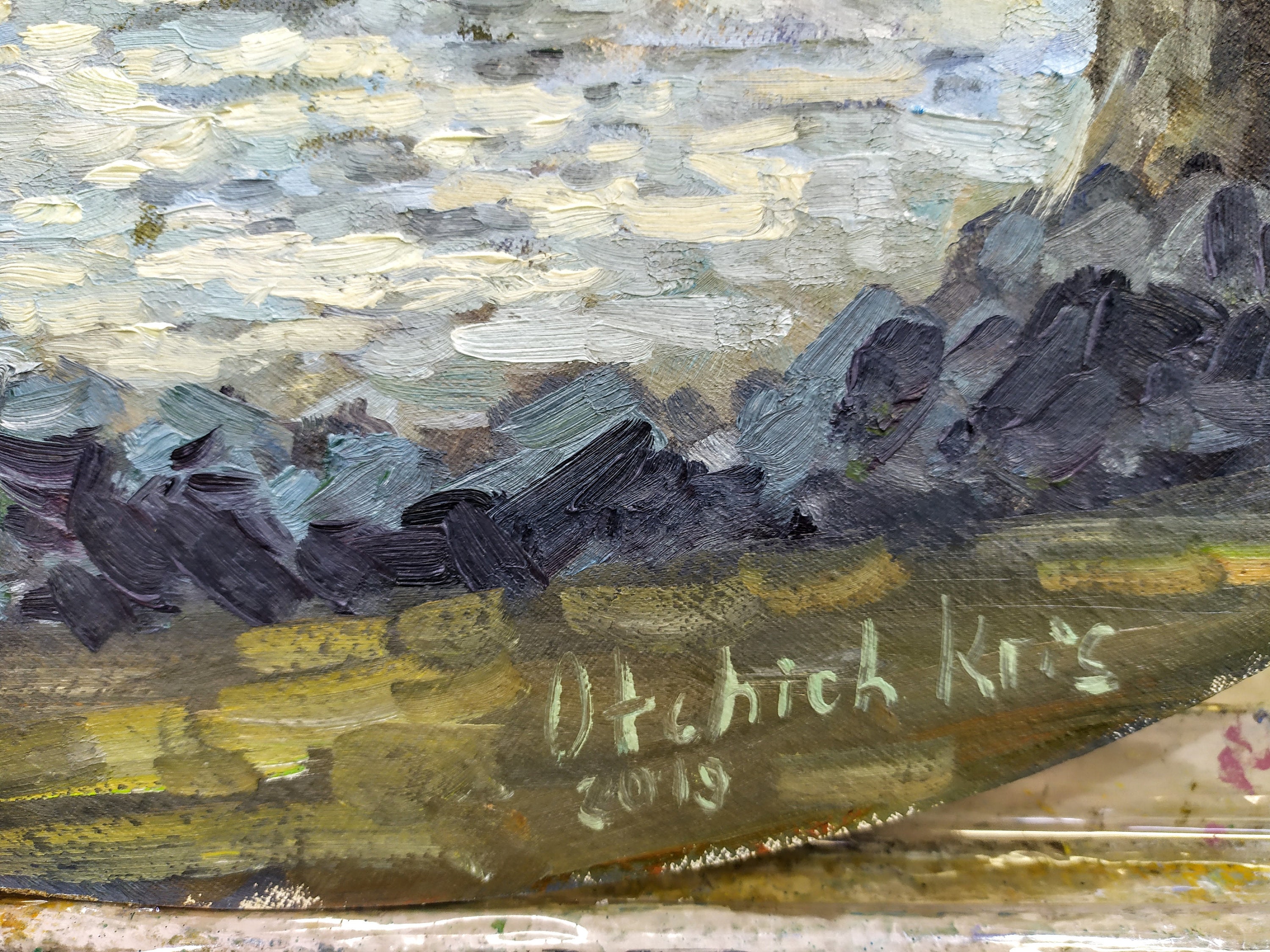 River Landscape Oval Hand Painted Stretched Canvas on Cardboard ...