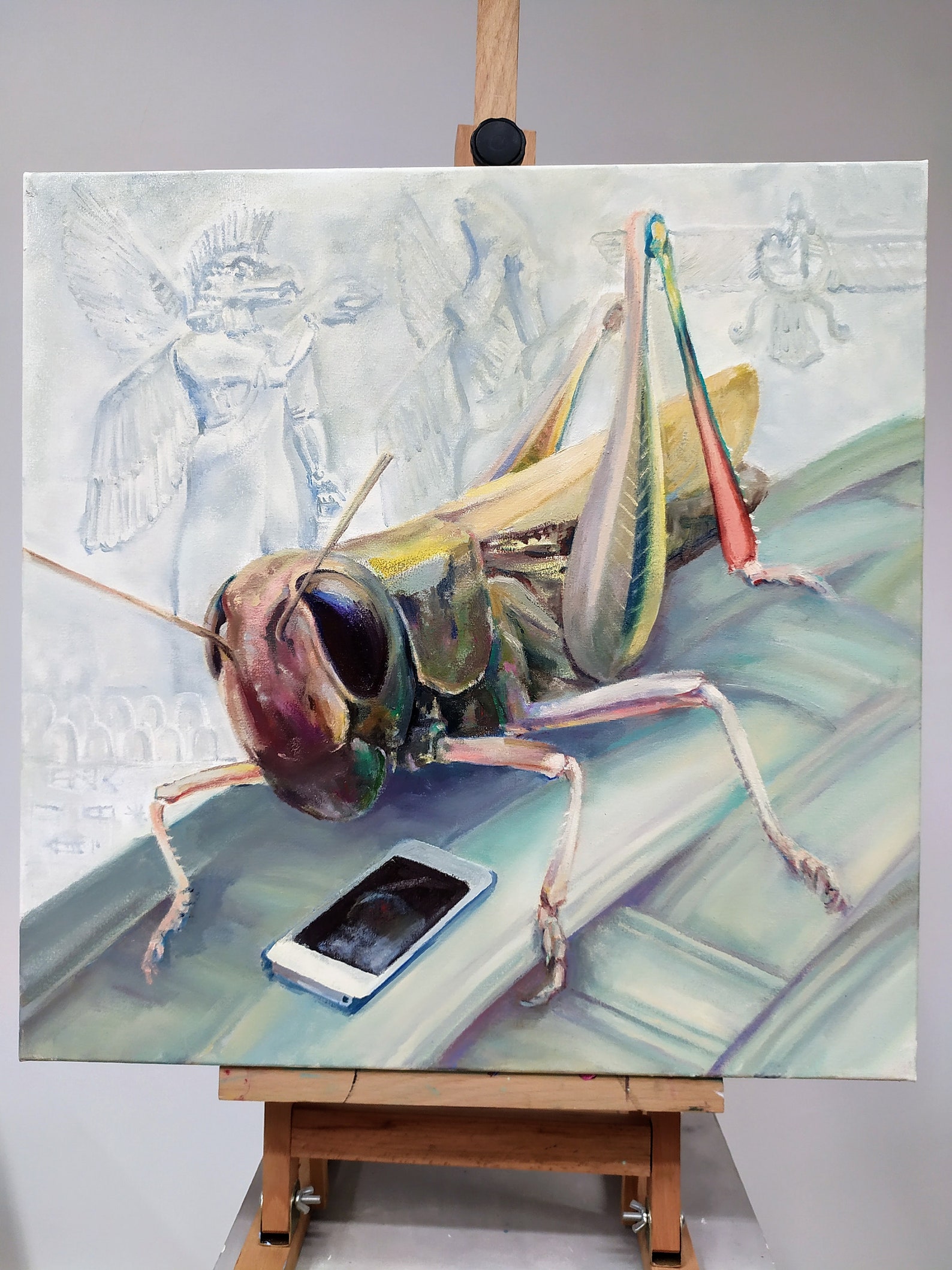 Original Oil Painting Insect Wall Art Grasshopper iPhone on Canvas ...