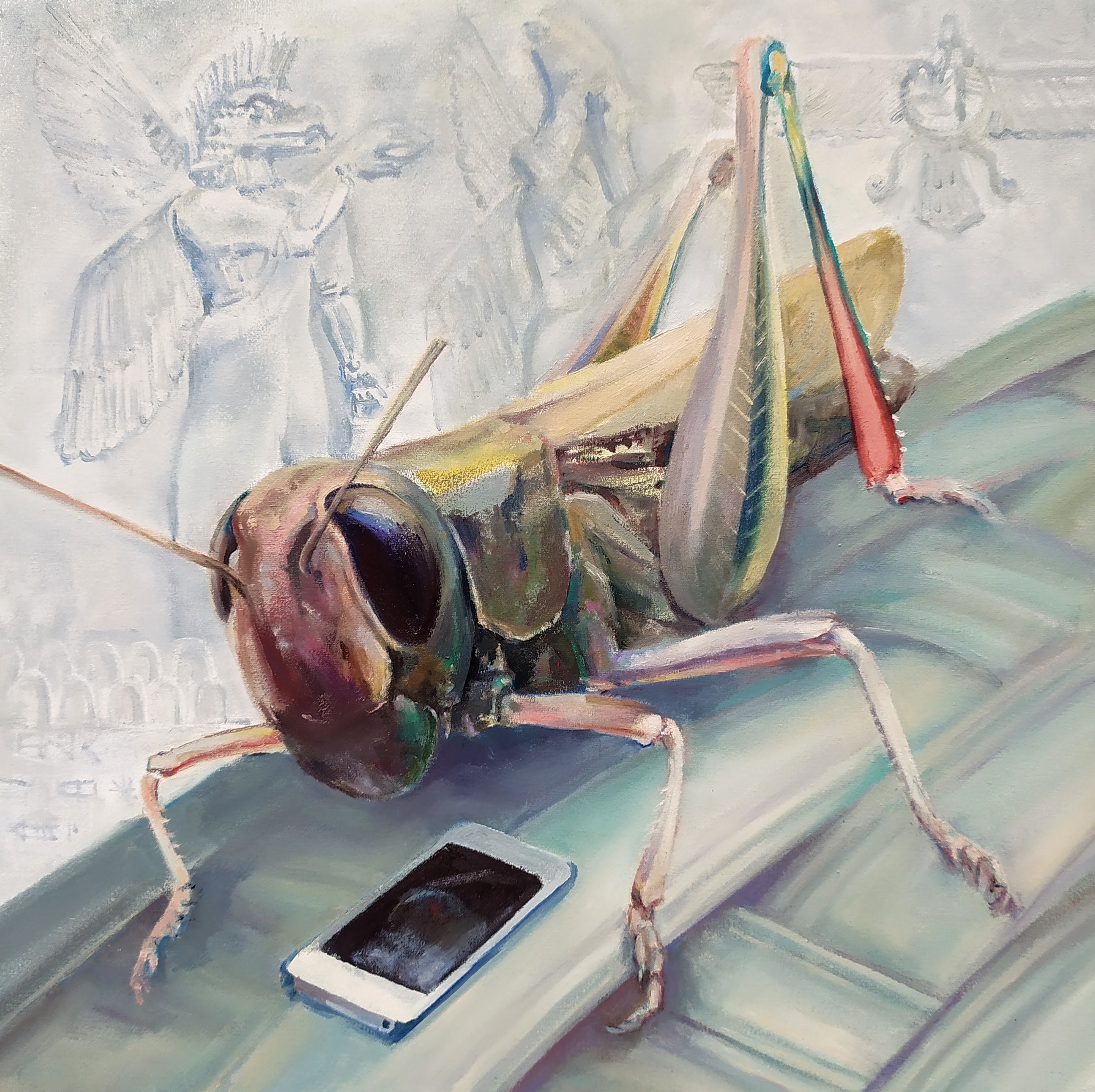 Original Oil Painting Insect Wall Art Grasshopper iPhone on Canvas ...