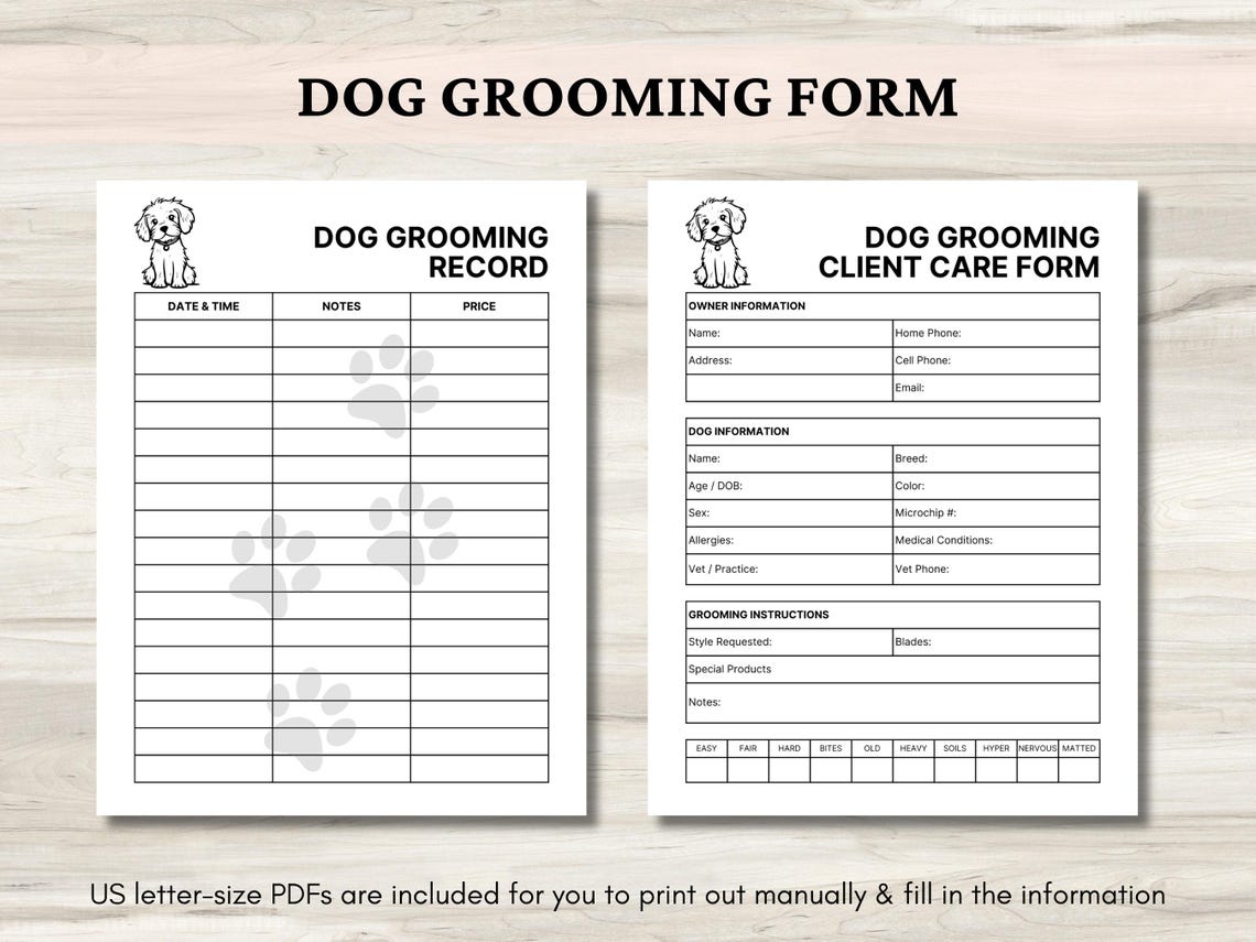 Dog Grooming Form Template |printable Pet Grooming Record Sheet |2-page ...