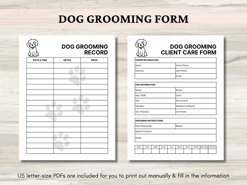 Dog Grooming Form Template |printable Pet Grooming Record Sheet |2-page ...