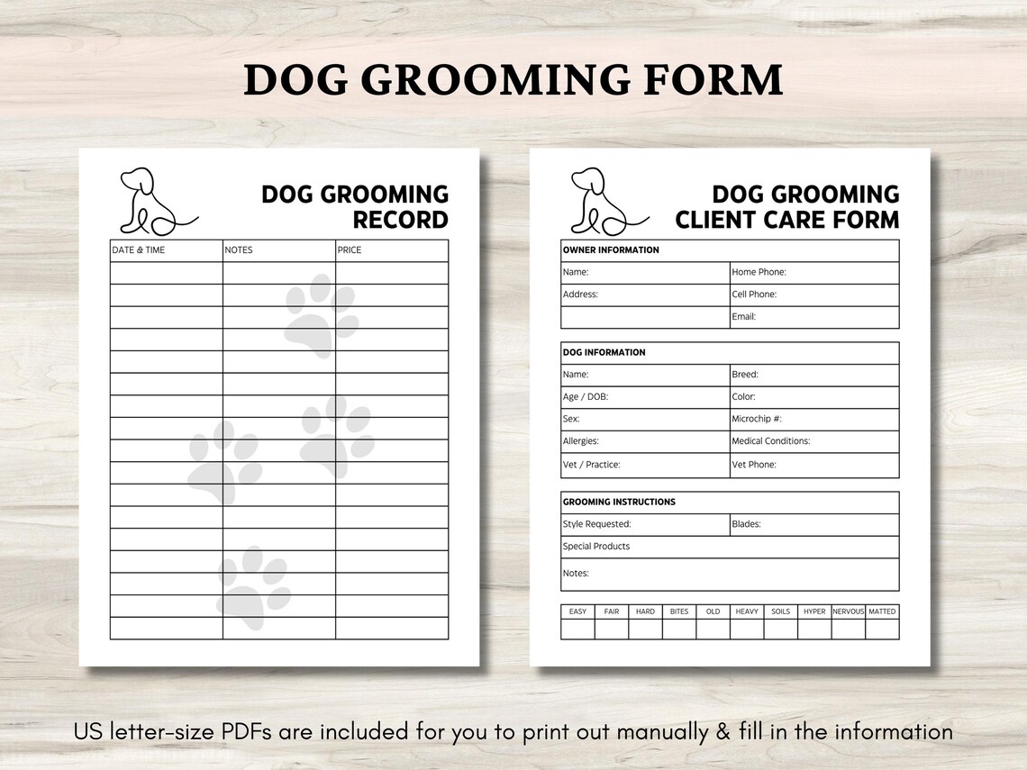Printable Dog Grooming Form | 2-page Pet Grooming Template | US Letter ...