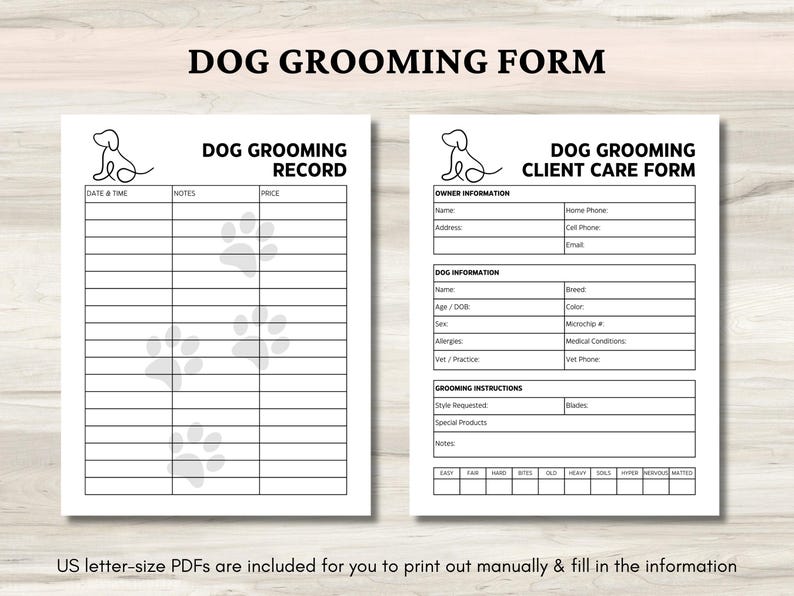 Printable Dog Grooming Form | 2-page Pet Grooming Template | US Letter ...