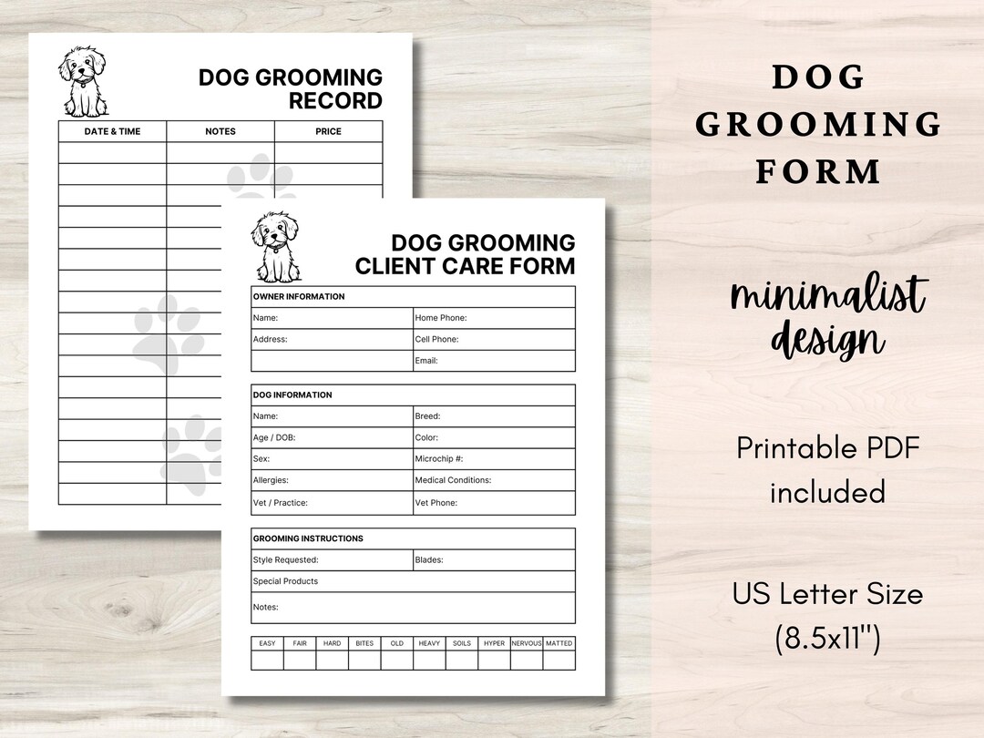 Dog Grooming Form Template |printable Pet Grooming Record Sheet |2-page ...